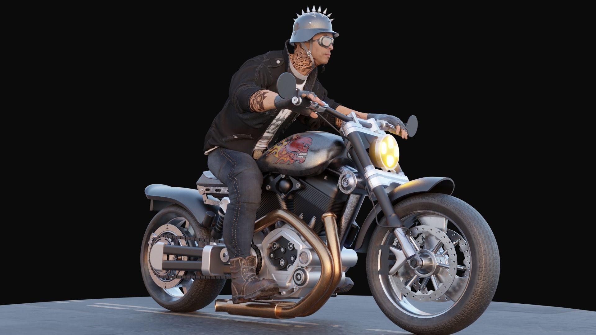 Biker on motorcycle with shotgun 3D model rigged | CGTrader