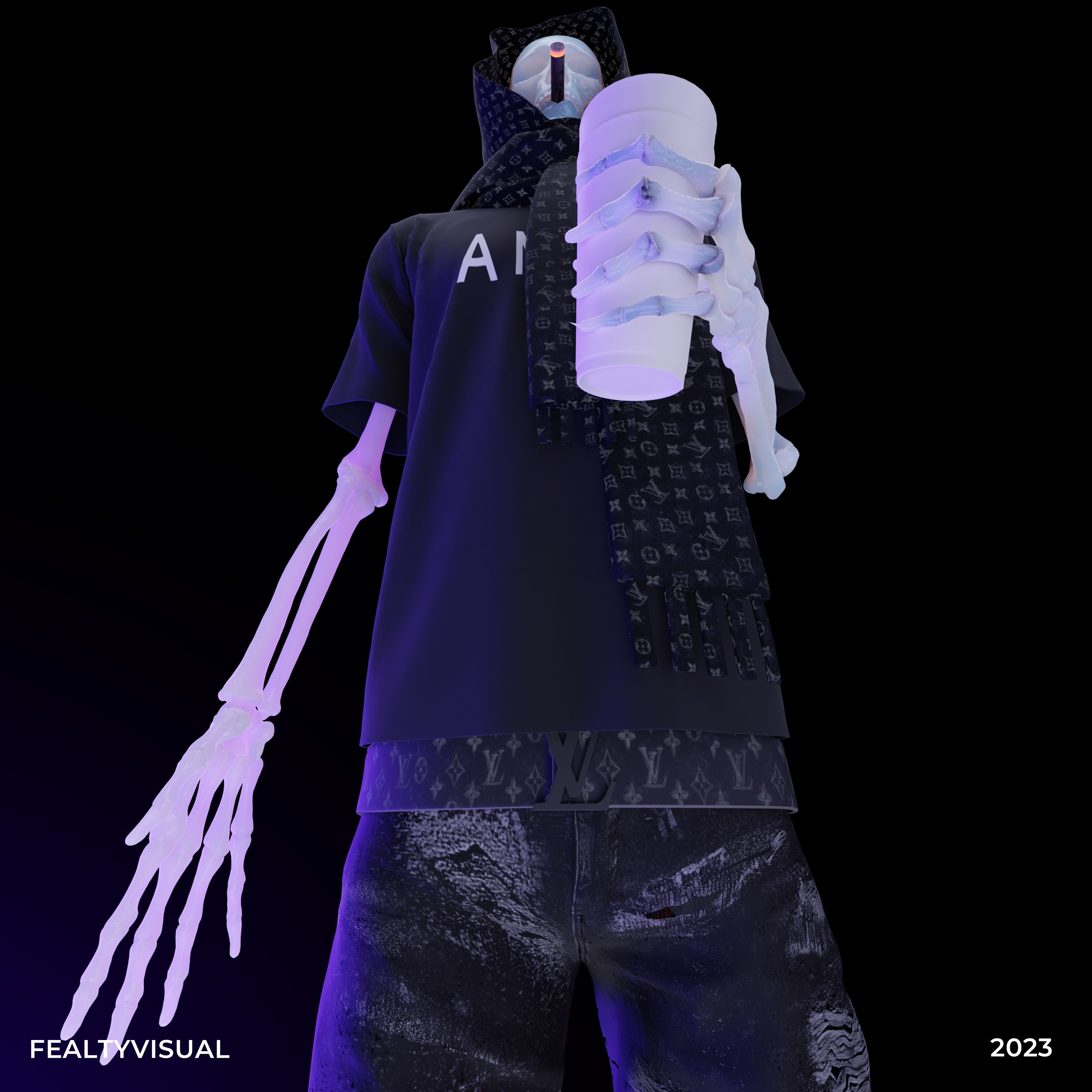 Fashion Skeleton Hip hop Louis Vuitton T shirt Amiri Belt Jeans 3D ...