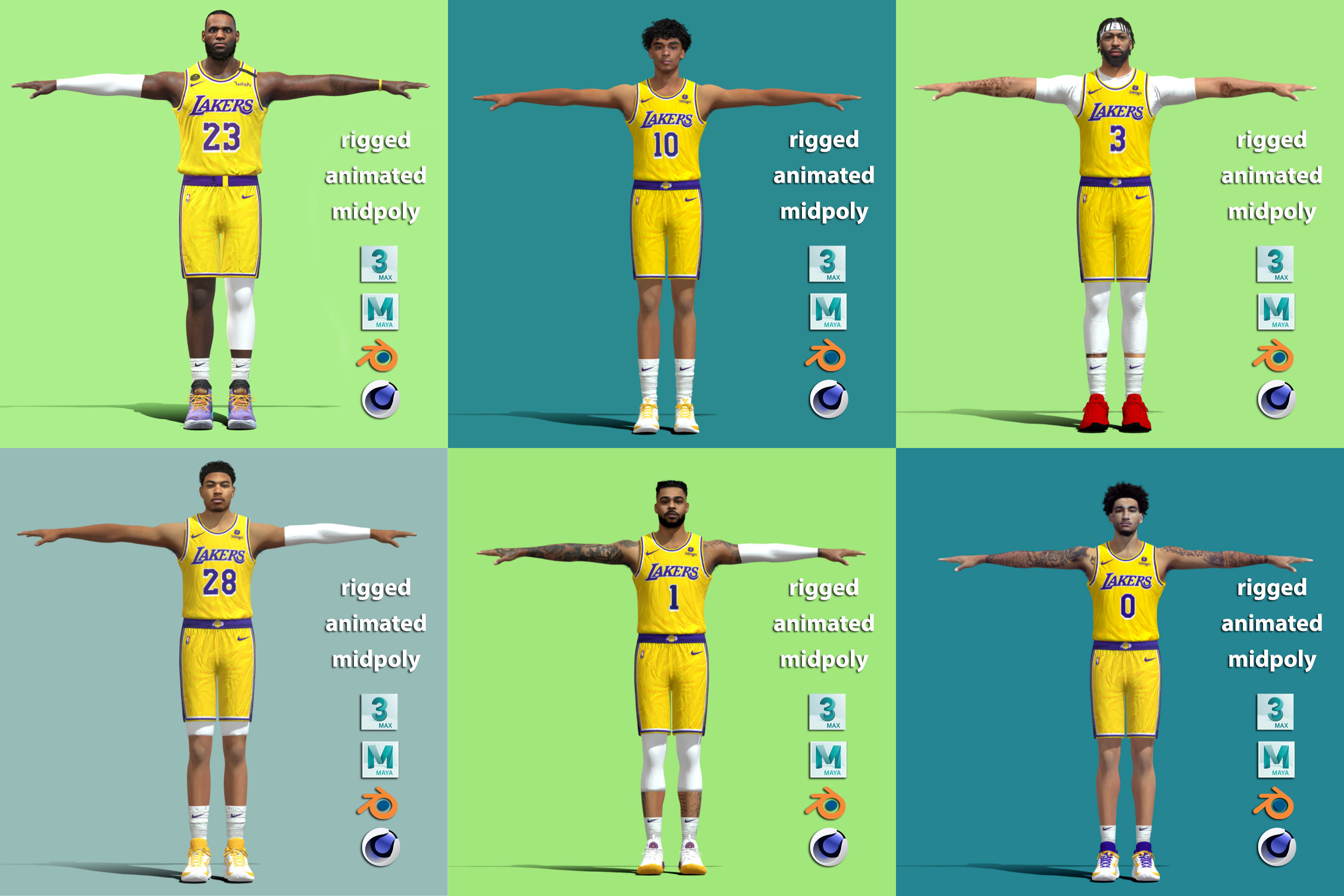 3D Model Collection Los Angeles Lakers NBA squad 6 players VR / AR ...