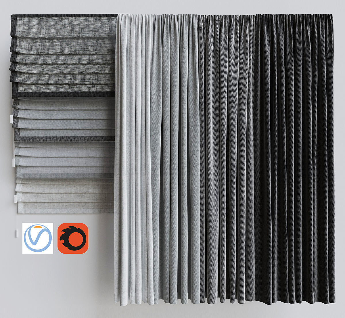 A set of curtains and Roman curtains Gray scale 3D model | CGTrader