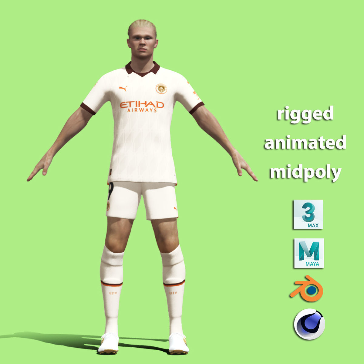 T-Pose Rigged Haaland Manchester City 23-24 3D model animated rigged ...