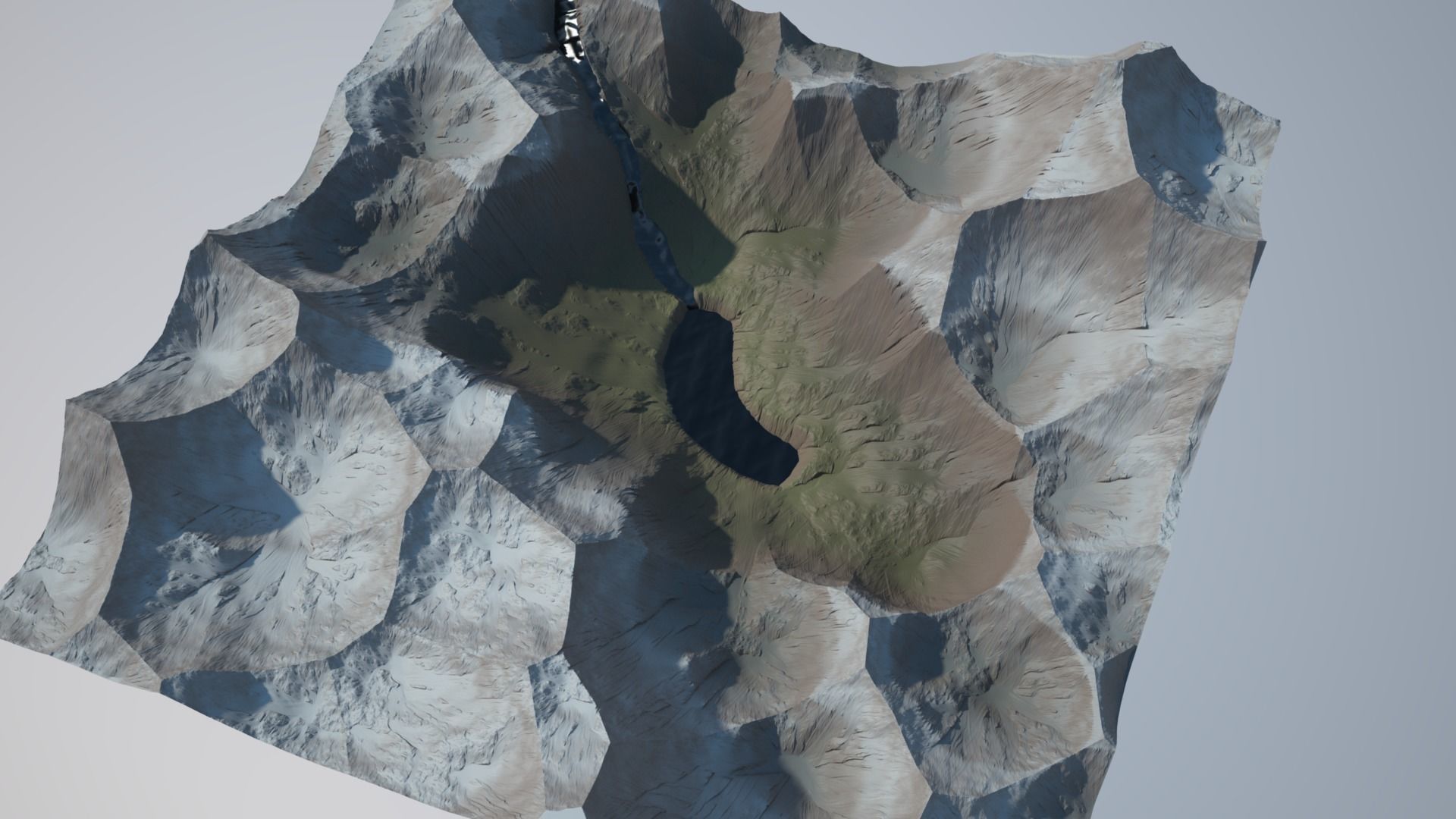 Cartoon mountain terrain with a body of water and river 3D model | CGTrader