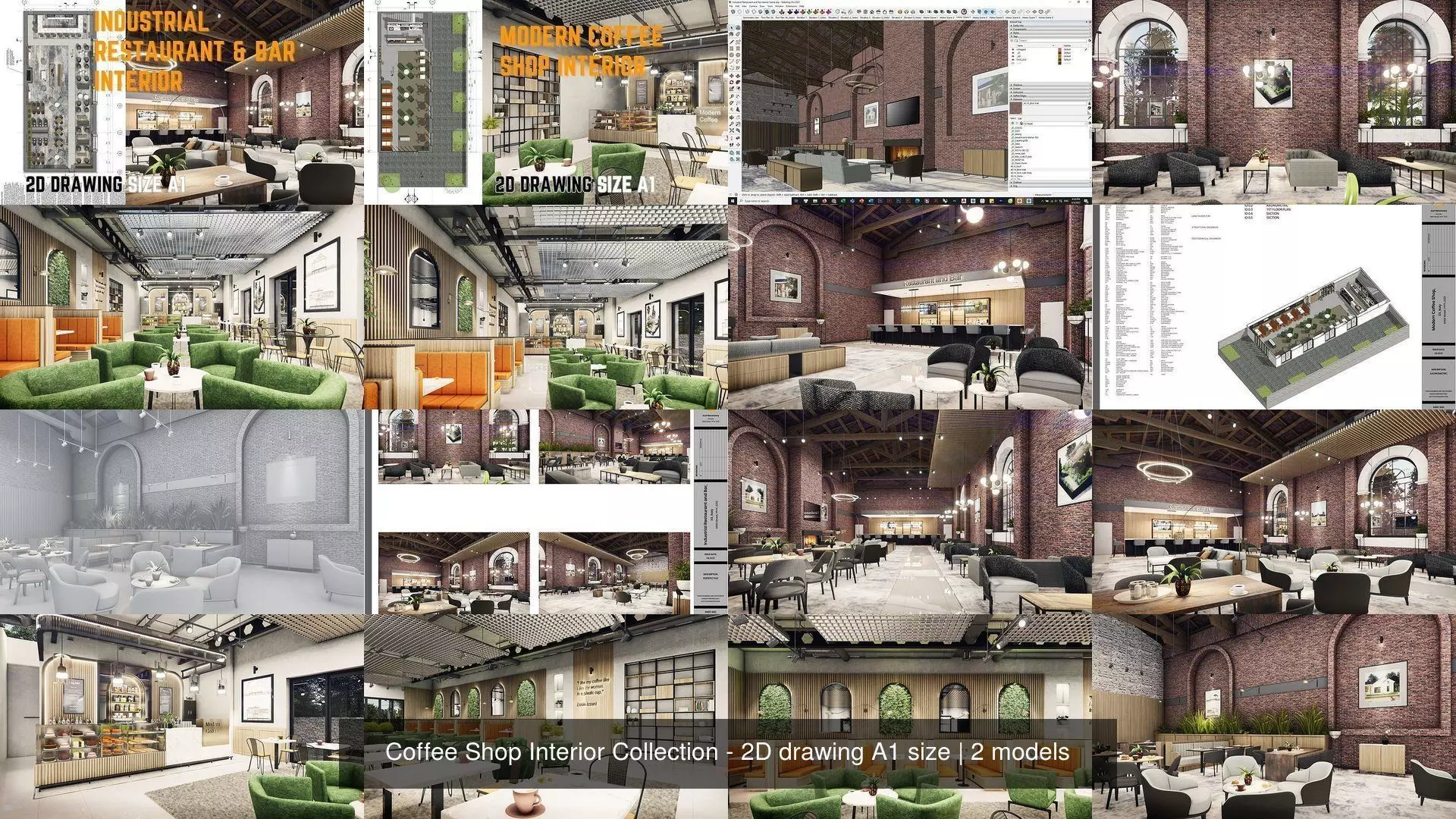 Coffee Shop Interior Collection - 2D drawing A1 size 3D Model Pack ...