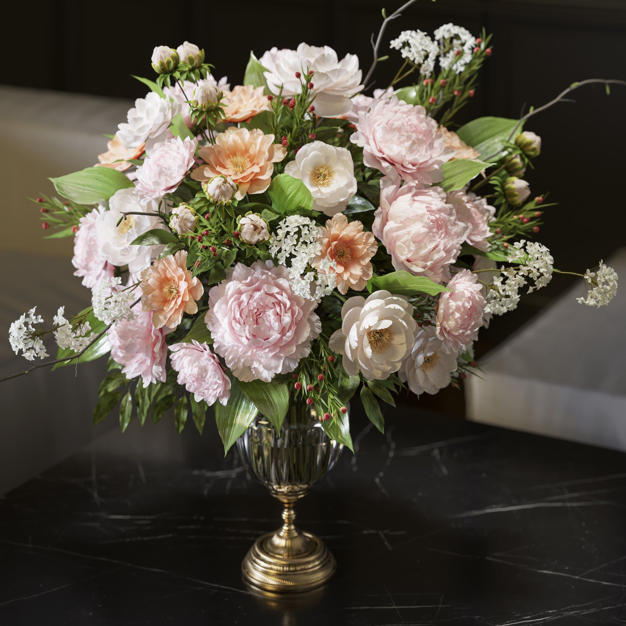 Flower Set 071 peonies gold crystal vase 3D model | CGTrader