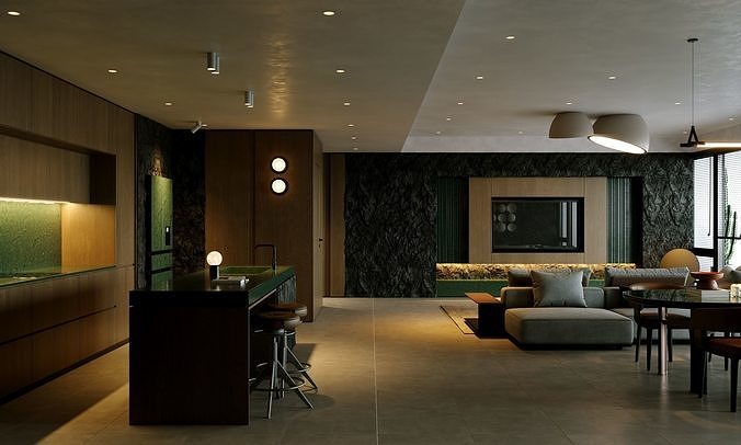 Living Room Kitchen Interior Scene for 3ds Max Corona Render 3D model ...