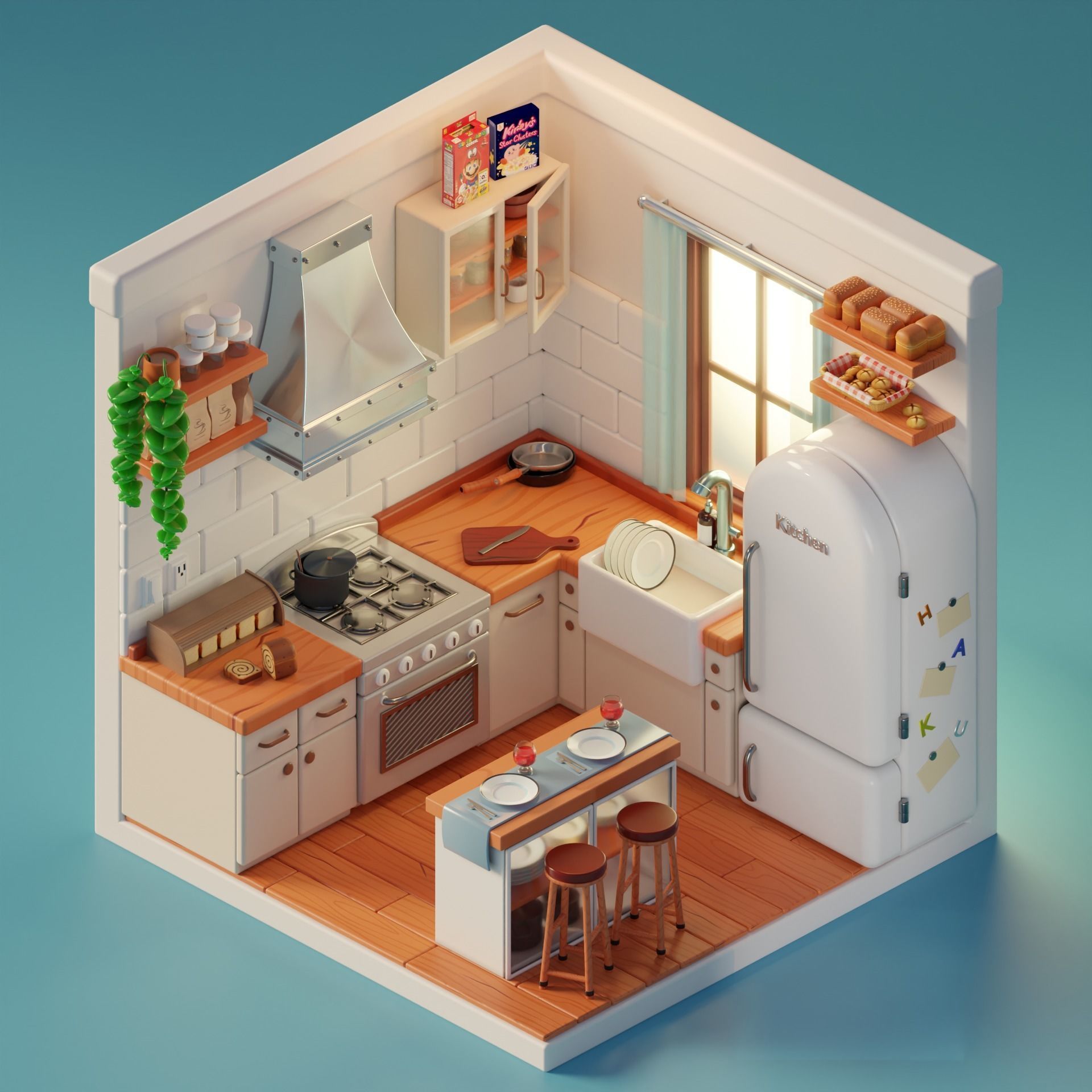 Isometric Room Scene Kitchen Cartoon - Escena Isometrica Cocina 3D ...