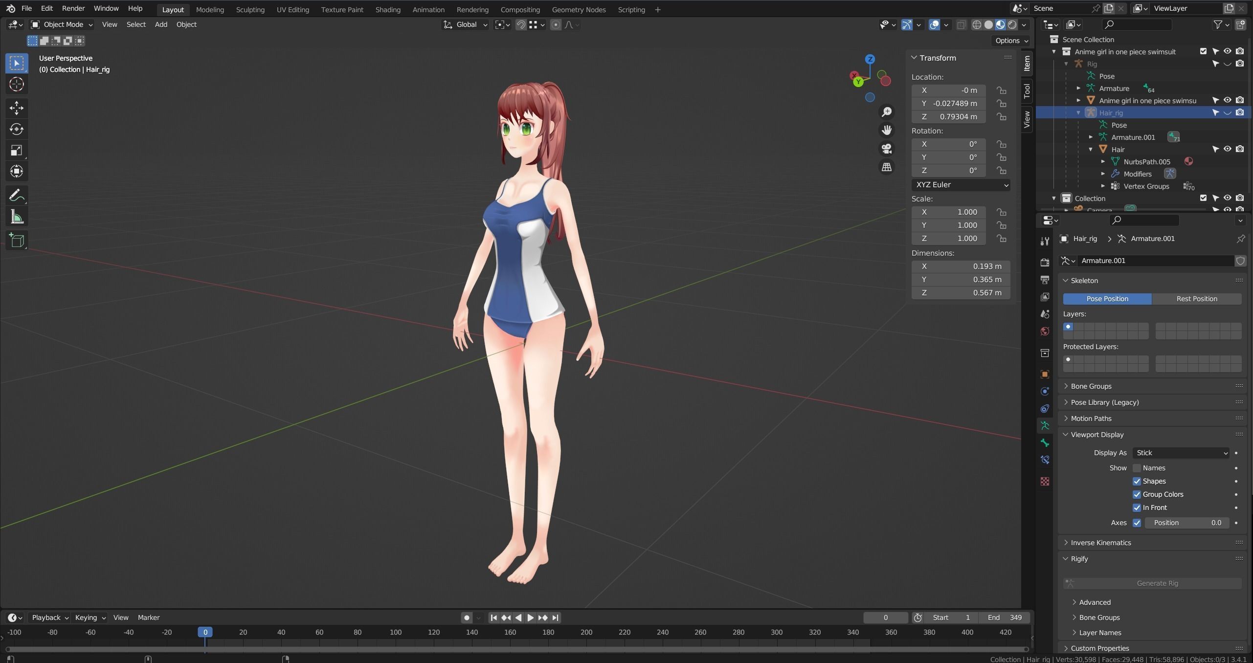 3d Model Anime Girl In One Piece Swimsuit Vr Ar Low Poly Cgtrader