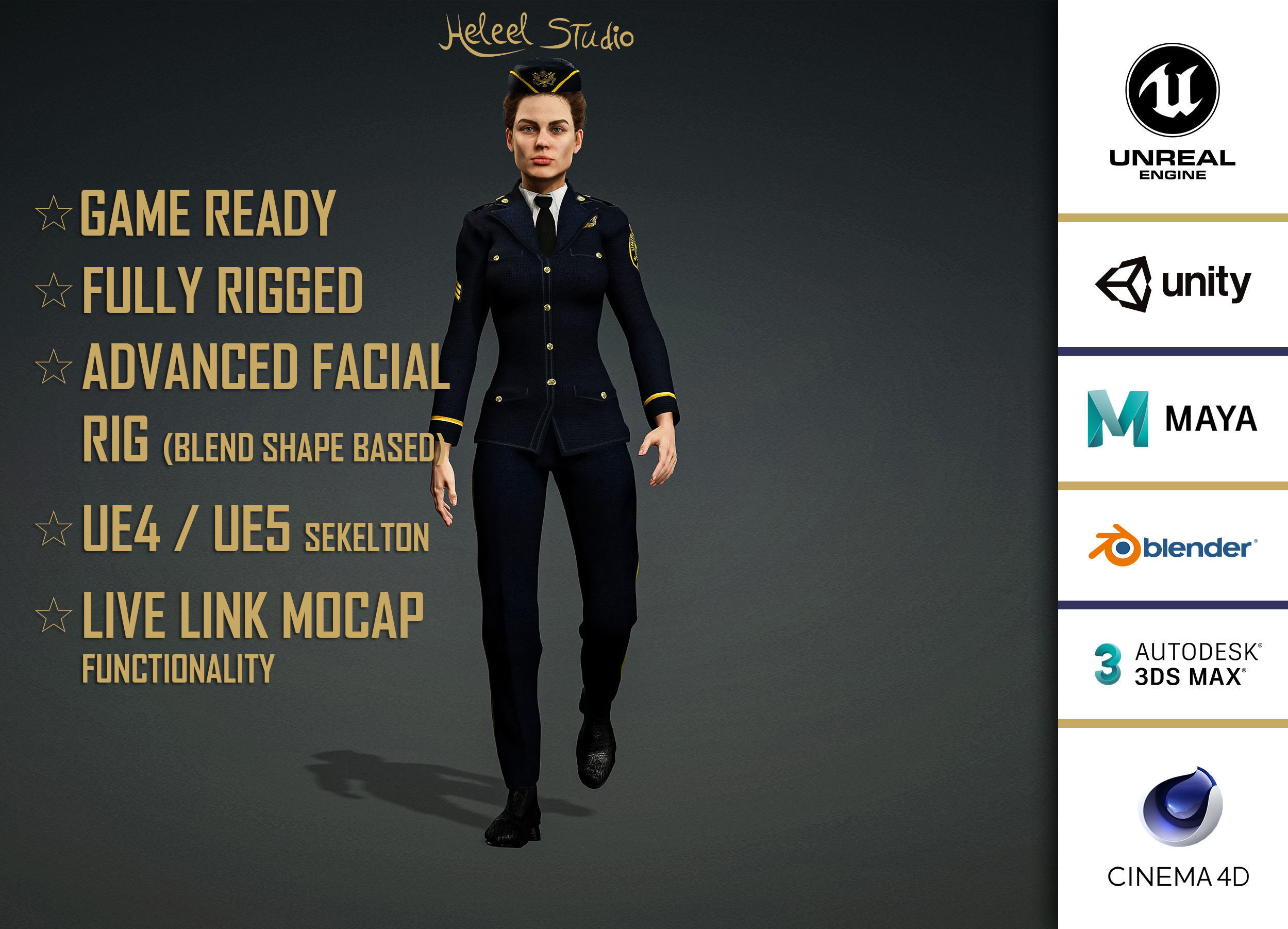 3D model High Quality Realistic Female Police Officer Blue Suit VR / AR ...
