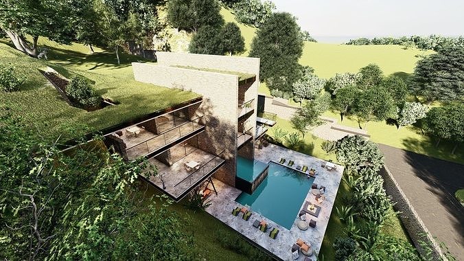 Modern mountain valley house Cliff underground villa Revit model 3D ...