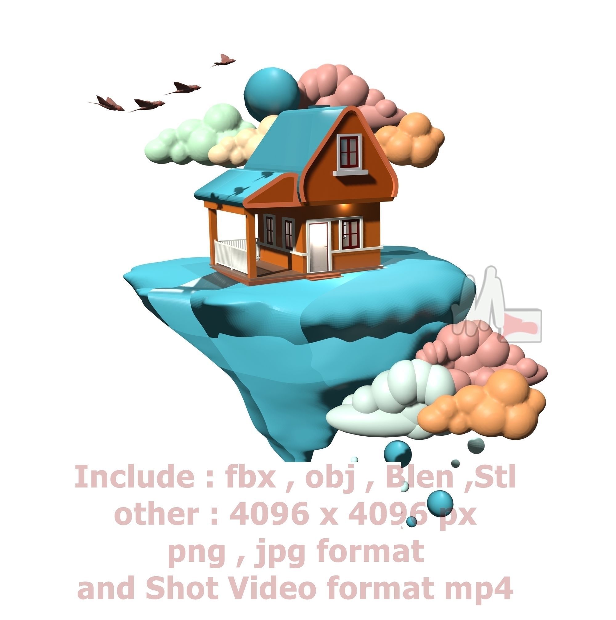 3D rendering of a floating house in shades of Orange and cyan 3D model ...
