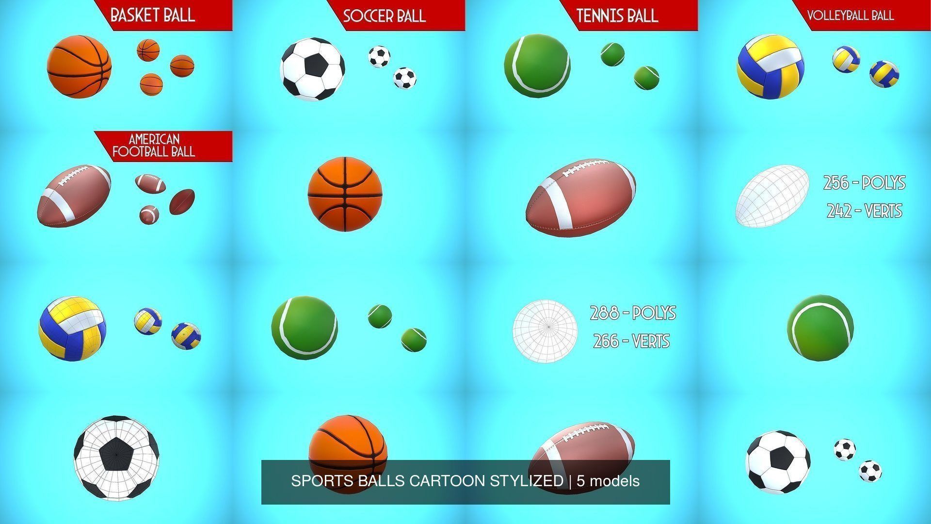 3D Model Collection SPORTS BALLS CARTOON STYLIZED VR / AR / low-poly ...