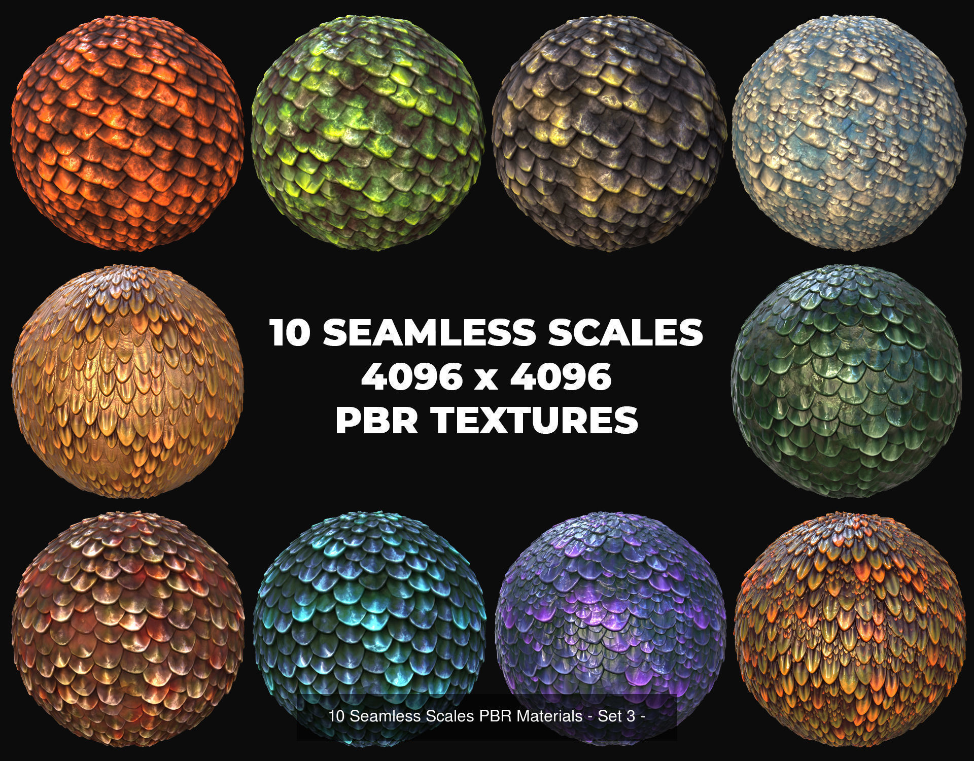 30 Seamless Scales PBR Materials - 4k PNG and sbsar formats - 3D Model ...