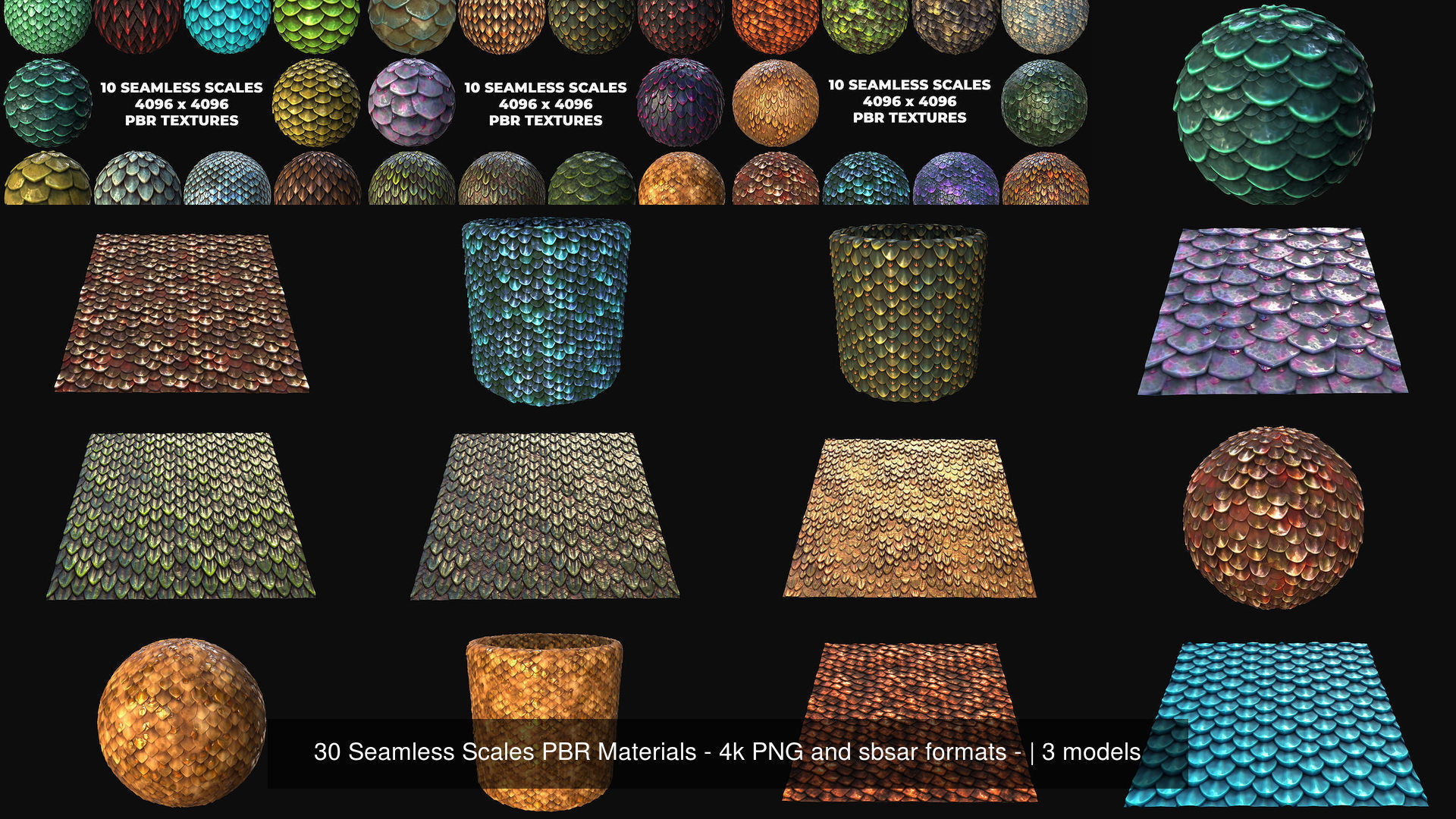 30 Seamless Scales PBR Materials - 4k PNG and sbsar formats - 3D Model ...