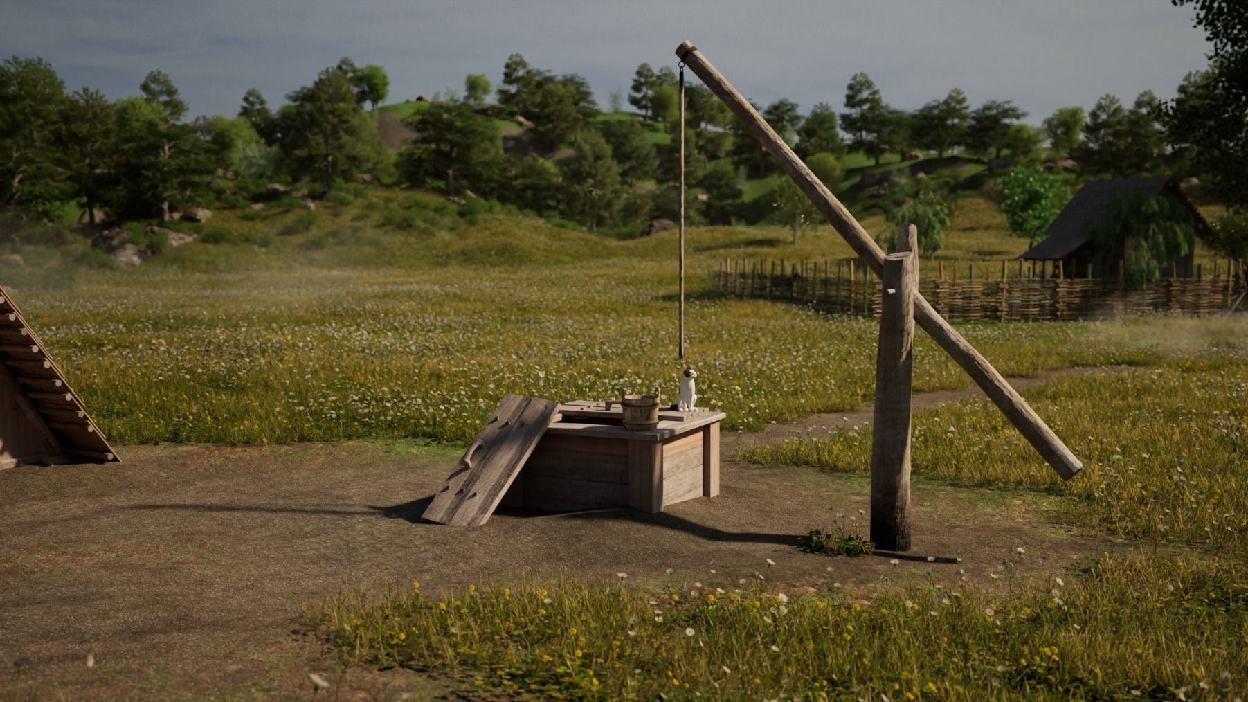 3D model Medieval wooden water well with gallows VR / AR / low-poly ...