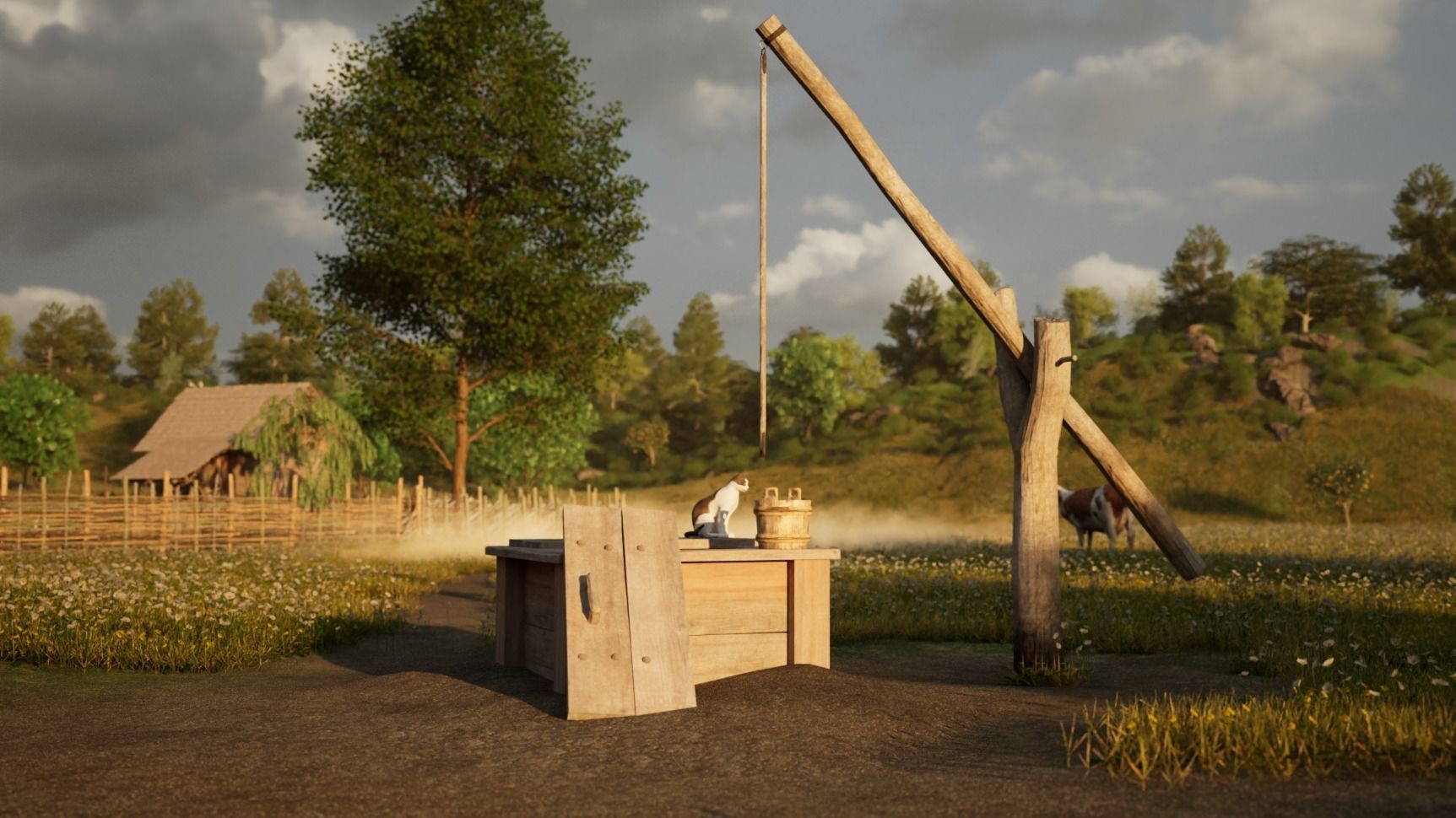 3D model Medieval wooden water well with gallows VR / AR / low-poly ...