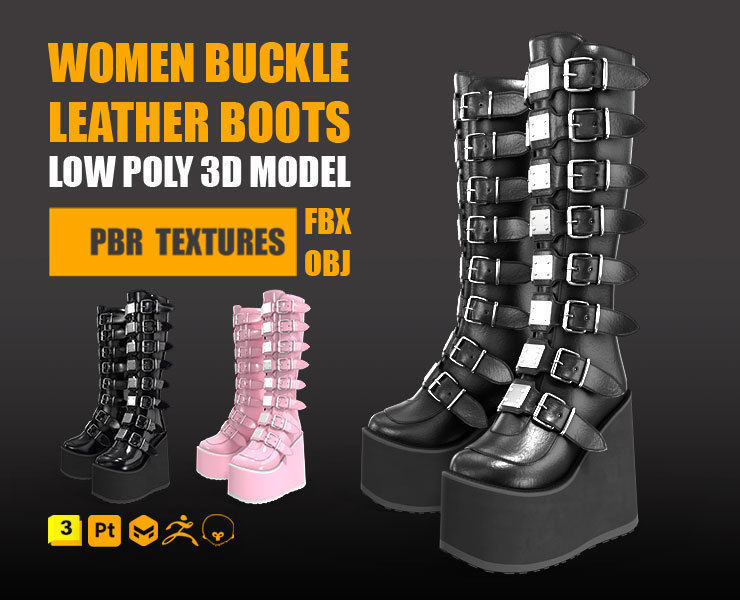 3D model Women Buckle leather Boots Low-poly 3D model PBR Textures VR ...