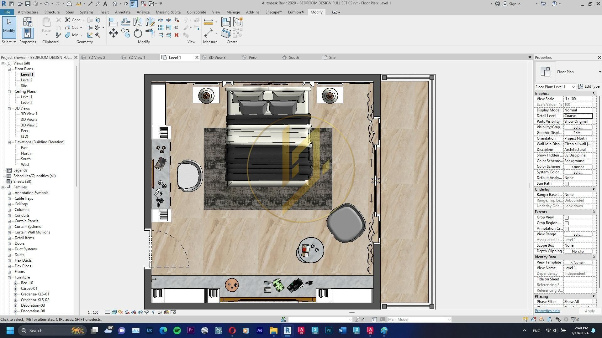 Revit Interior Bedroom classic full parametric family 3D model | CGTrader