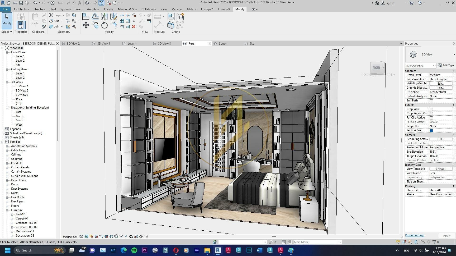 Revit Interior Bedroom classic full parametric family 3D model | CGTrader