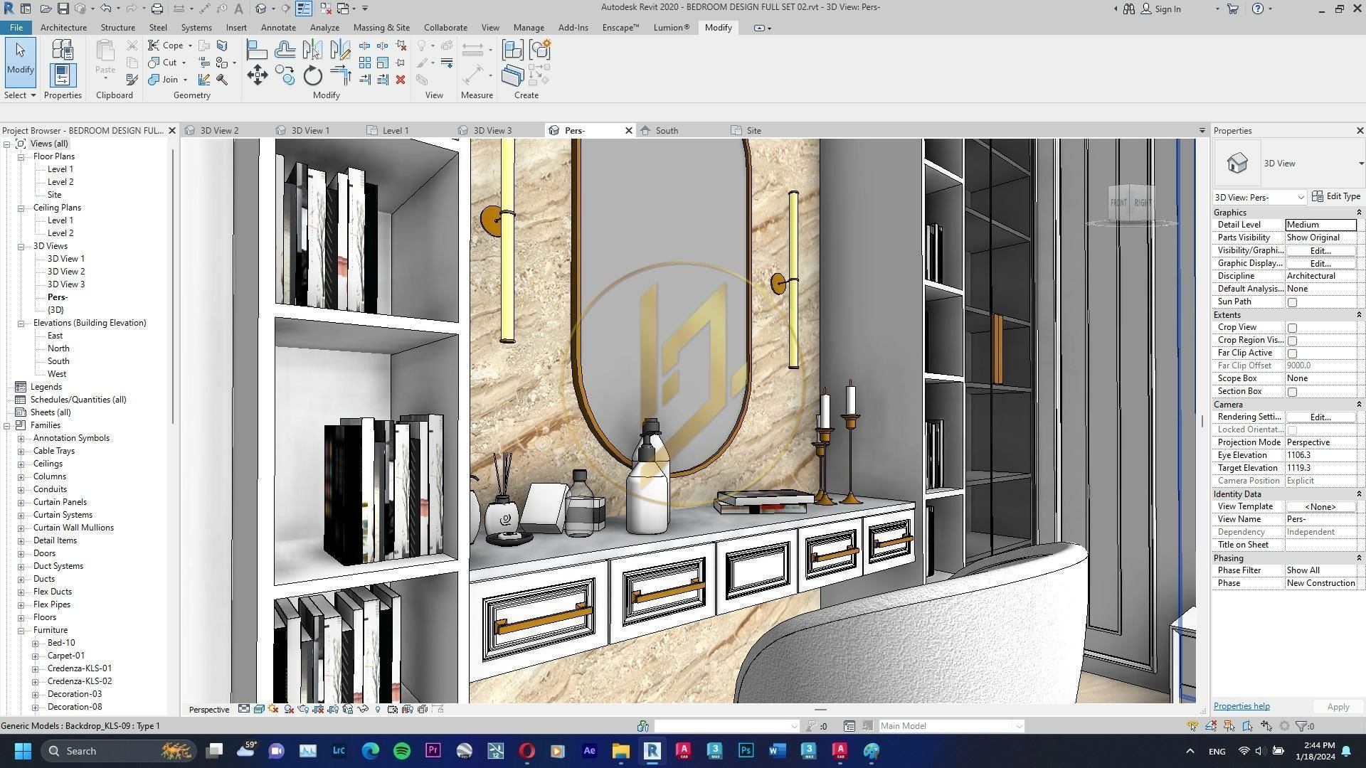 Revit Interior Bedroom classic full parametric family 3D model | CGTrader