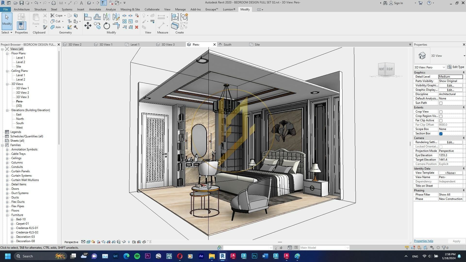 Revit Interior Bedroom classic full parametric family 3D model | CGTrader