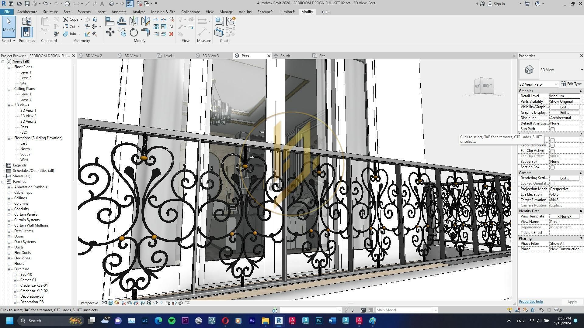 Revit Interior Bedroom classic full parametric family 3D model | CGTrader