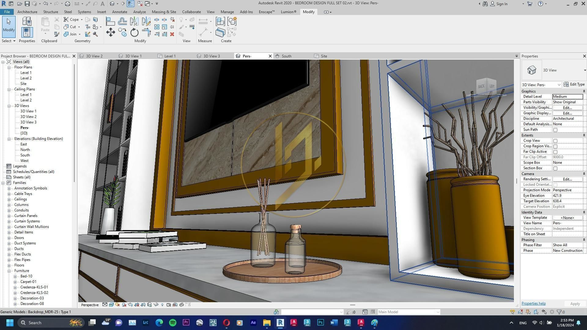 Revit Interior Bedroom classic full parametric family 3D model | CGTrader