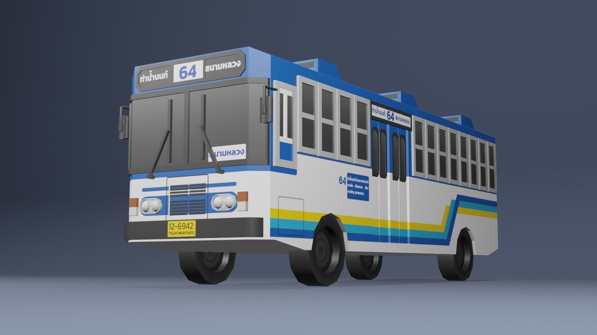 3D model Blue Thai bus Low poly v04 VR / AR / low-poly | CGTrader
