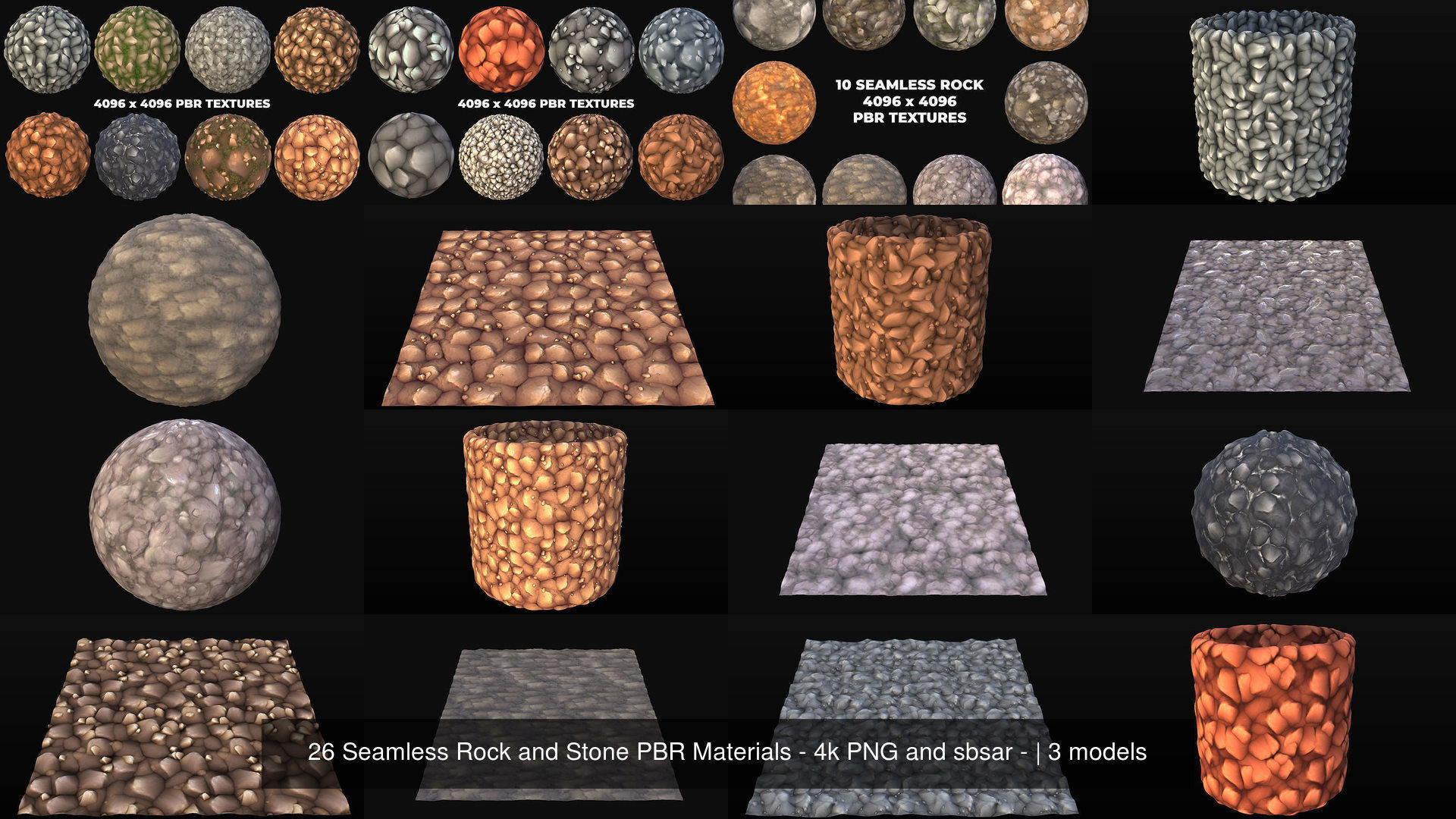 26 Seamless Rock and Stone PBR Materials - 4k PNG and sbsar - 3D Model ...