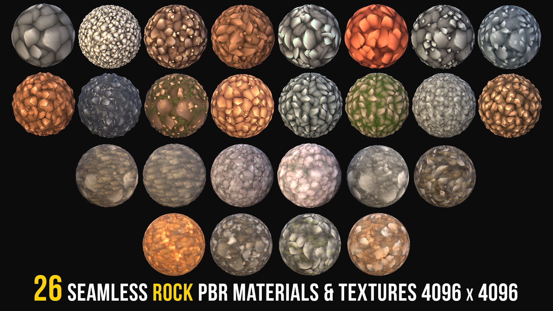 26 Seamless Rock and Stone PBR Materials - 4k PNG and sbsar - 3D Model ...