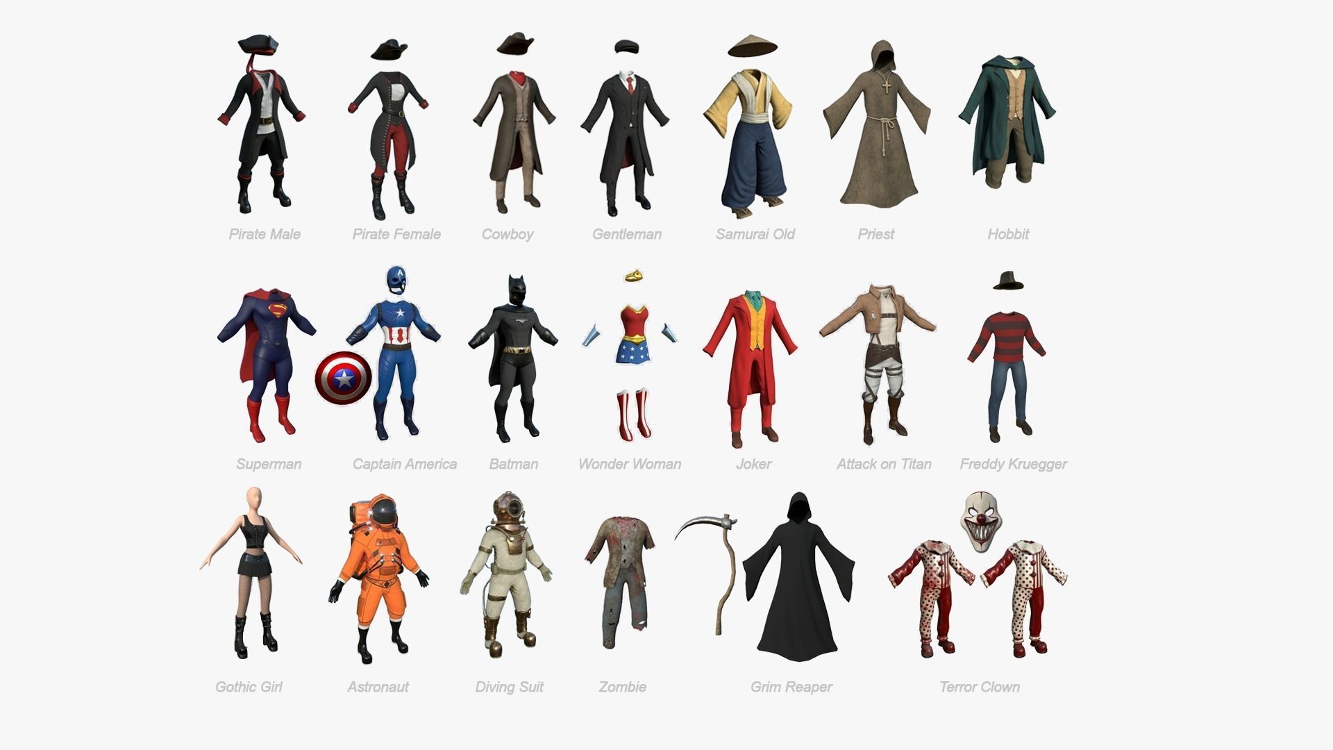 20 Character Full Outfit Collection - Character Clothing Design VR / AR ...