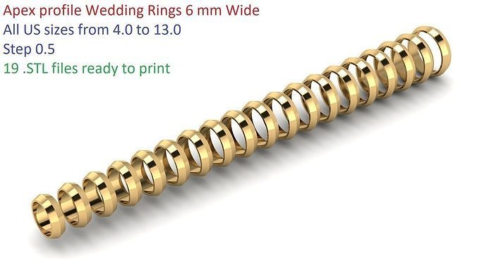 Apex profile Wedding Ring 6 mm Wide US Sizes 3D model 3D printable ...