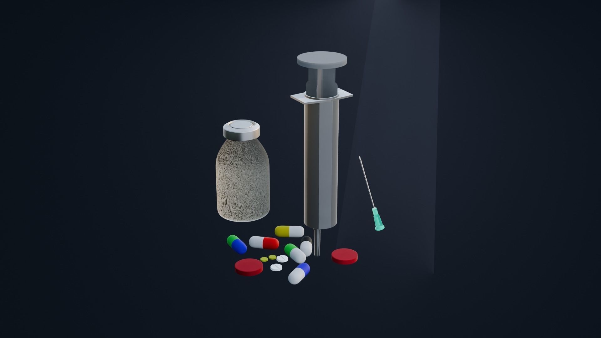 3D model syringe or injection with medical tablets or pills VR / AR ...