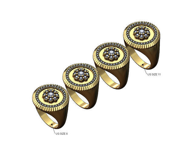 Fluted round cluster diamond signet ring US sizes 8to11 3D model 3D ...