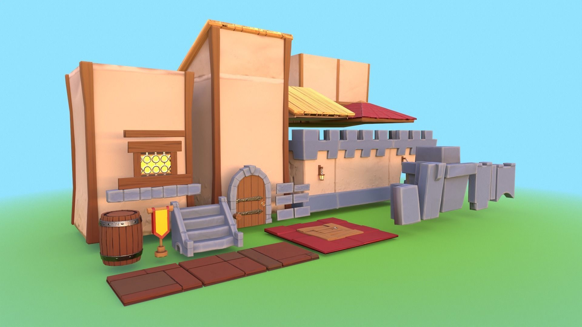 3D model Low poly Castle village combinations VR / AR / low-poly | CGTrader