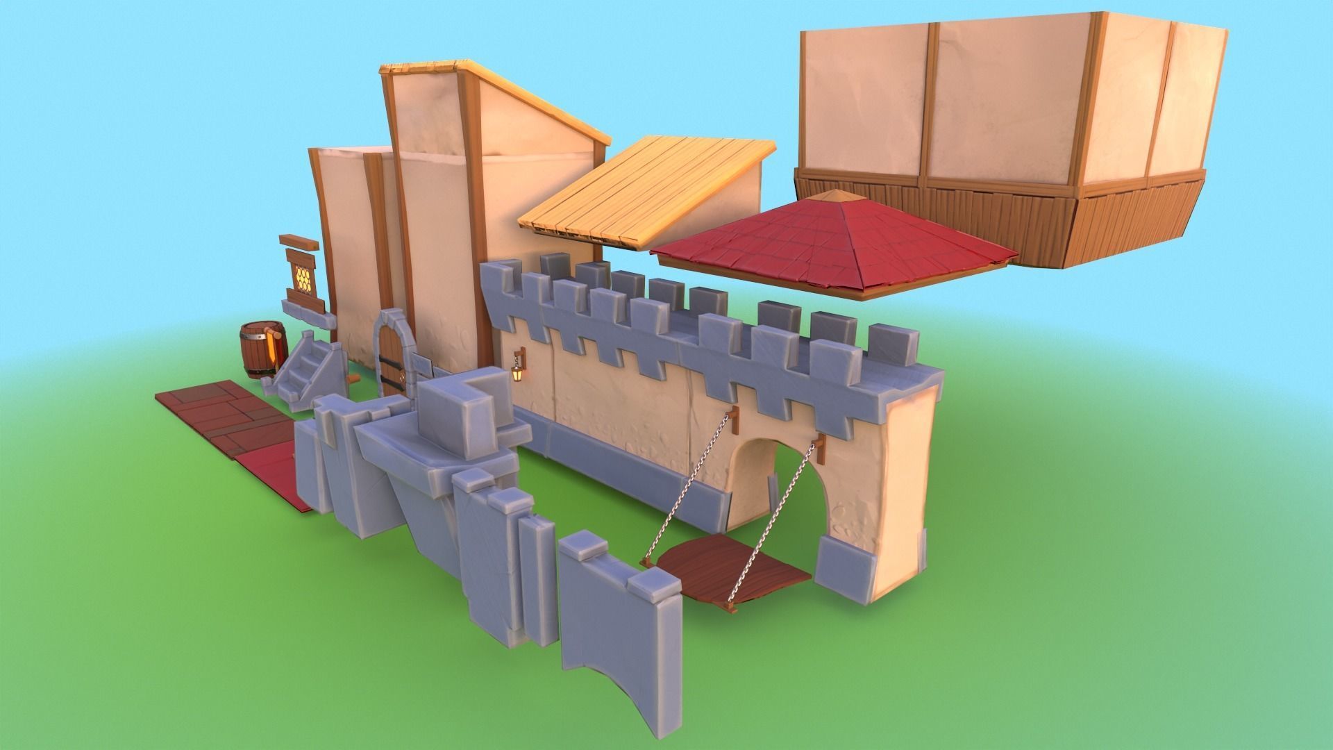 3D model Low poly Castle village combinations VR / AR / low-poly | CGTrader