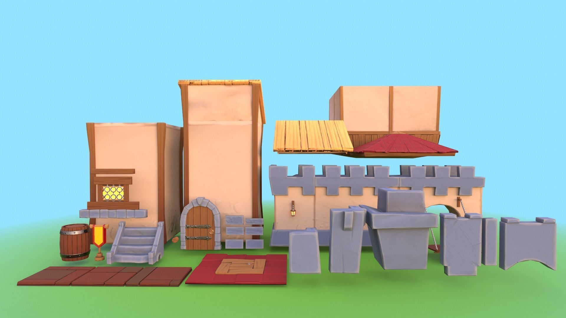 3D model Low poly Castle village combinations VR / AR / low-poly | CGTrader