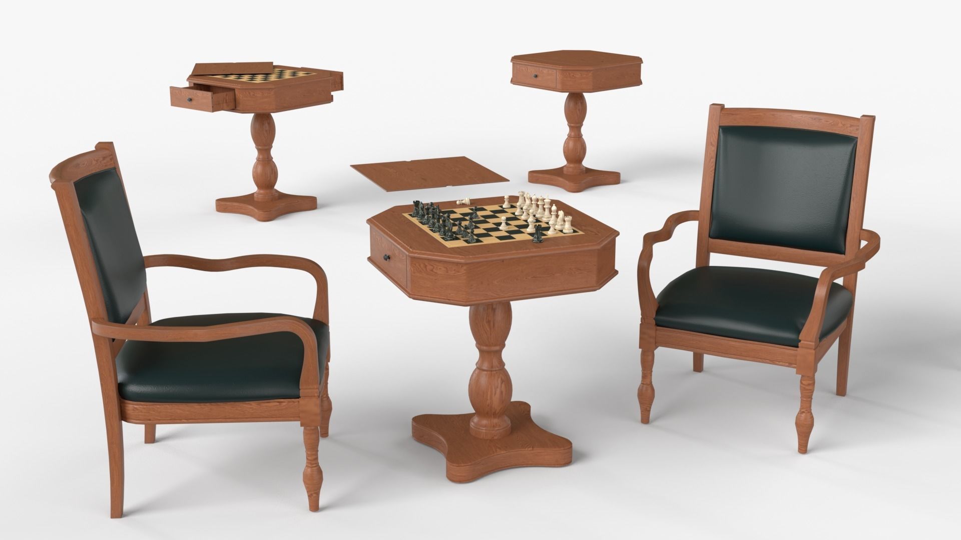 Light Chess and Pedestal Game Table and Chairs 3D model | CGTrader