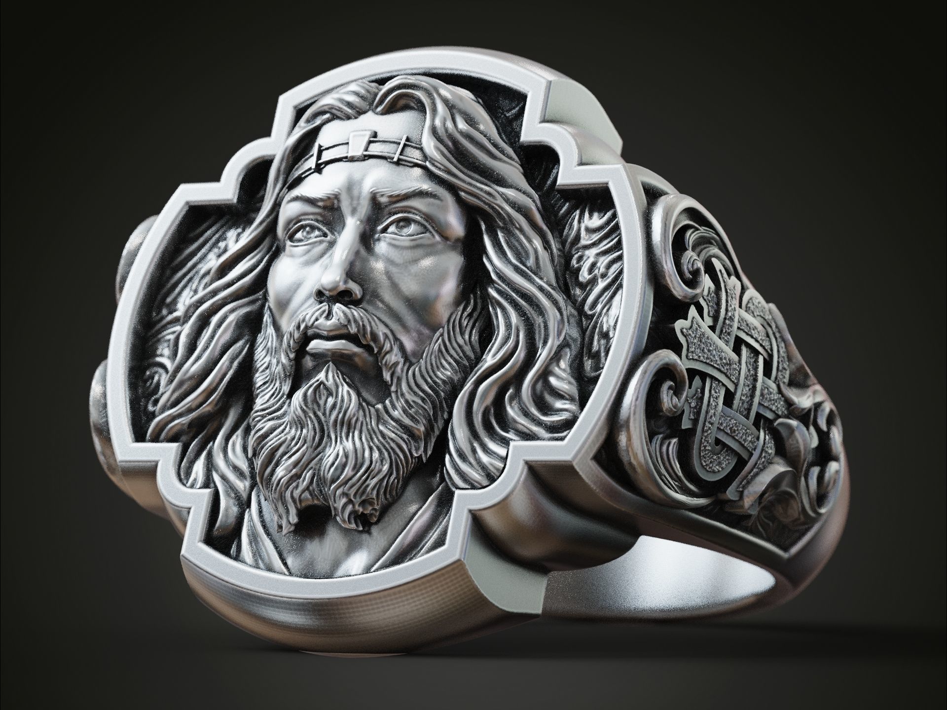 Jesus Christ face IHS monogram ring with floral scrolls 3D model 3D ...