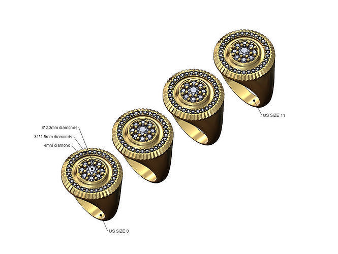 Fluted bezel round cluster diamond signet ring US sizes 8to11 3D model ...