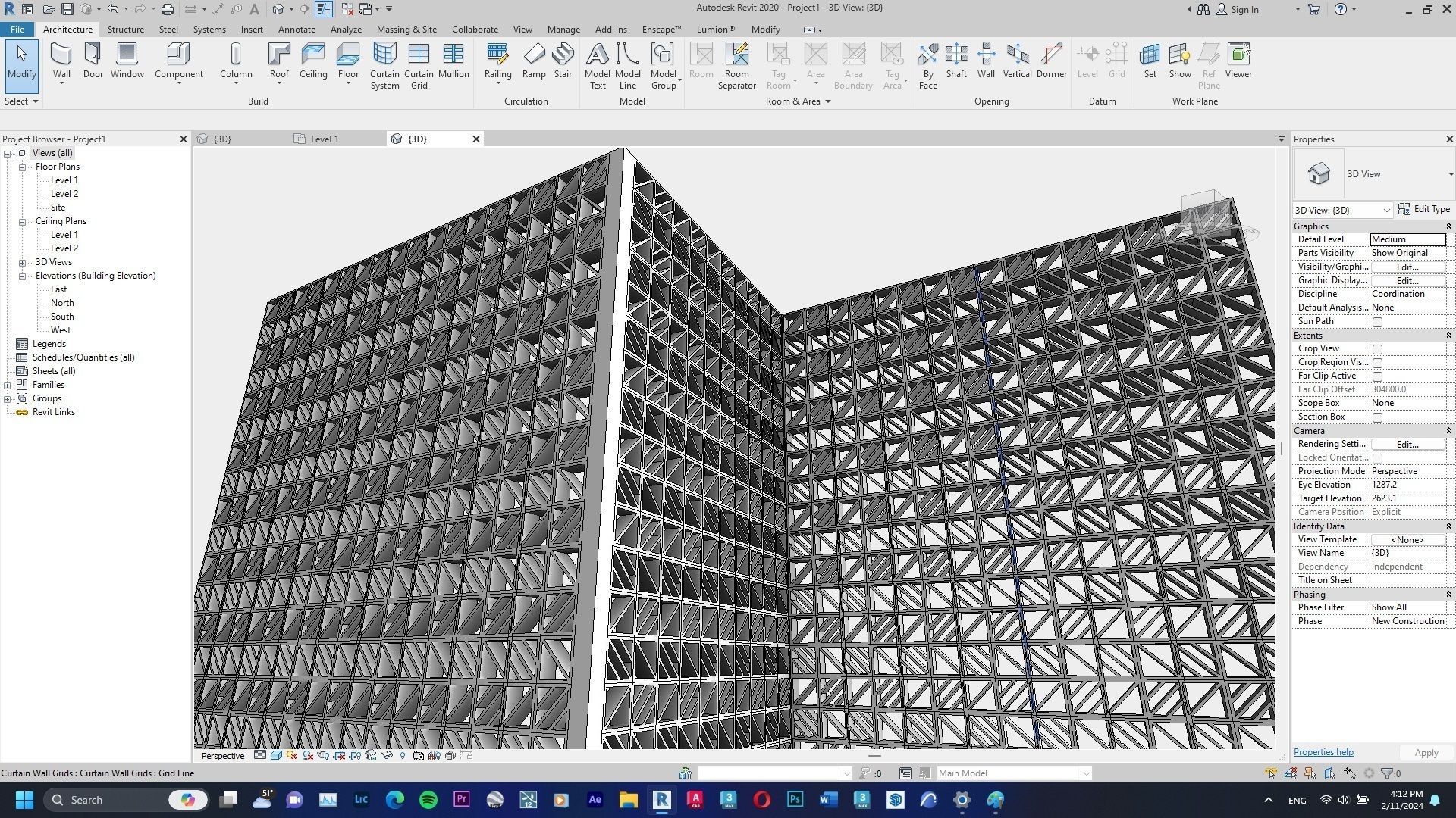 Roster wall design curtain wall facade revit family type R-01 3D model ...