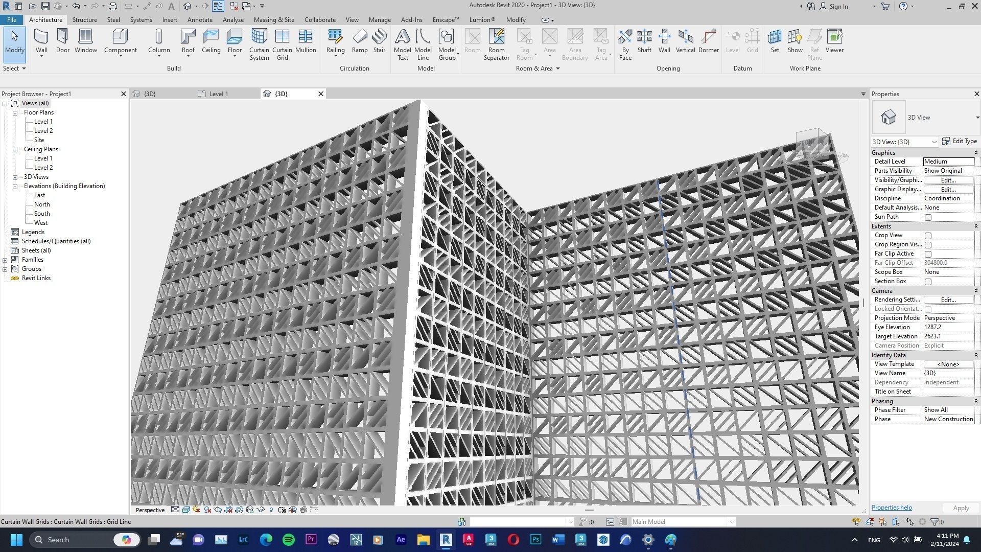Roster wall design curtain wall facade revit family type R-01 3D model ...