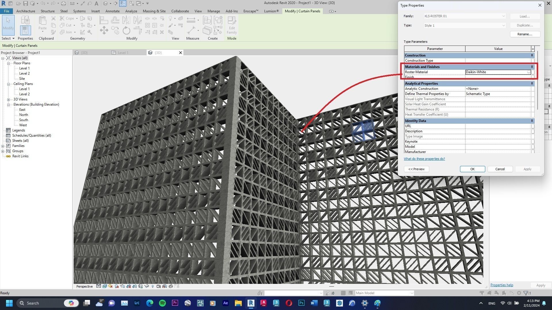 Roster wall design curtain wall facade revit family type R-01 3D model ...