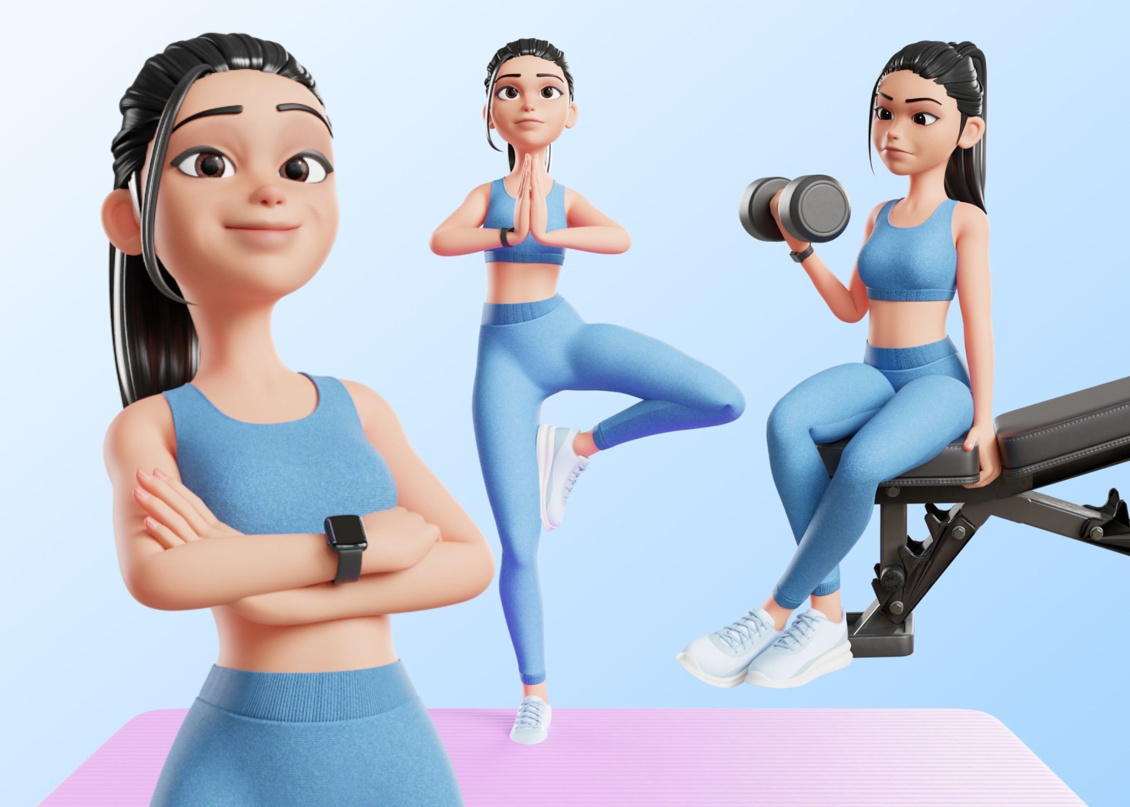 3D model Cartoon Sports Gym Fitness Girl Woman VR / AR / low-poly ...