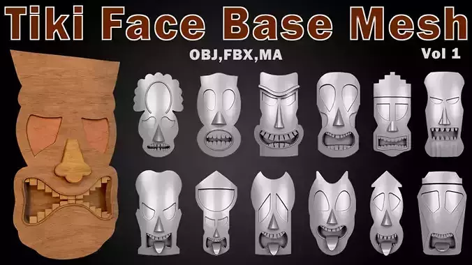 3D model 35 Tiki Face 3D Mesh Base and High Vol 1 VR / AR / low-poly ...