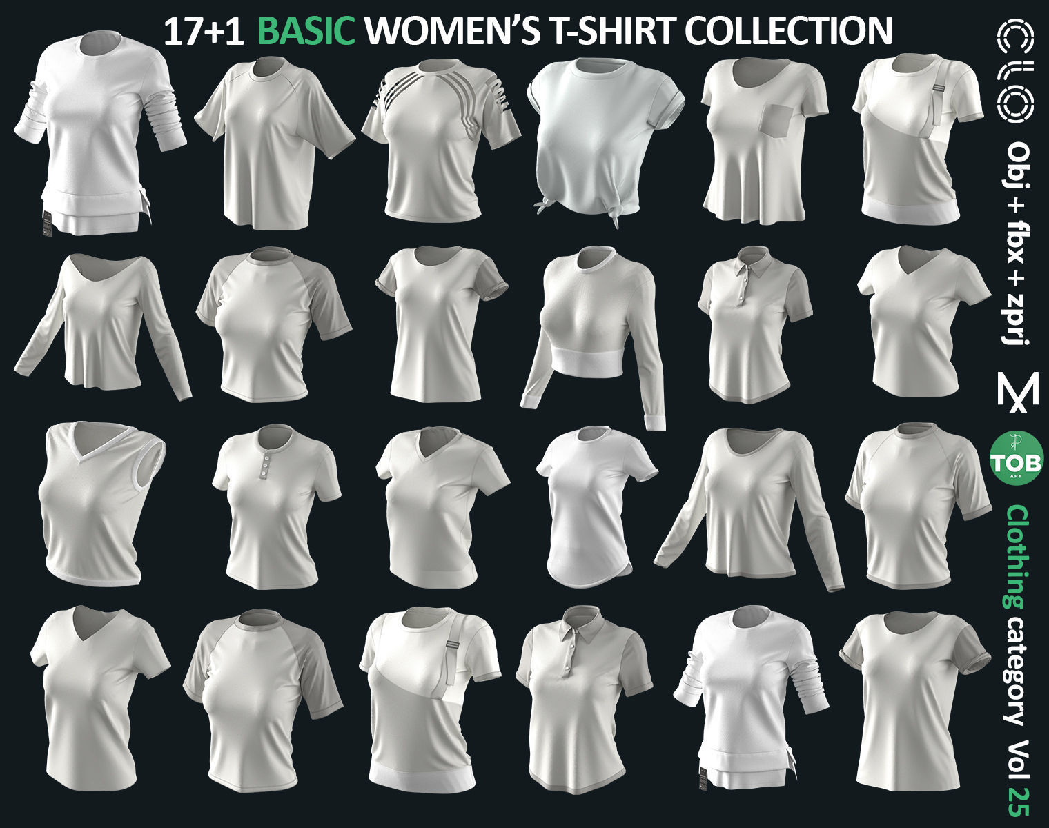 17 BASIC TSHIRTS COLLECTION ZPRJ OBJ FBX Marvelous Clo3d 3D model ...