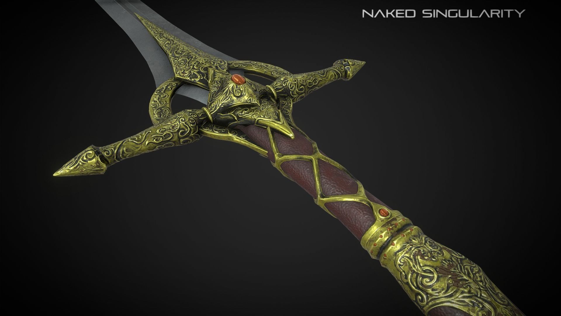 3D model Dark fantasy golden sword - PBR - Game ready --- VR / AR / low ...