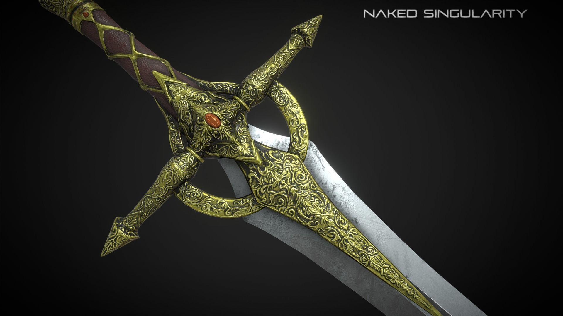 3D model Dark fantasy golden sword - PBR - Game ready --- VR / AR / low ...
