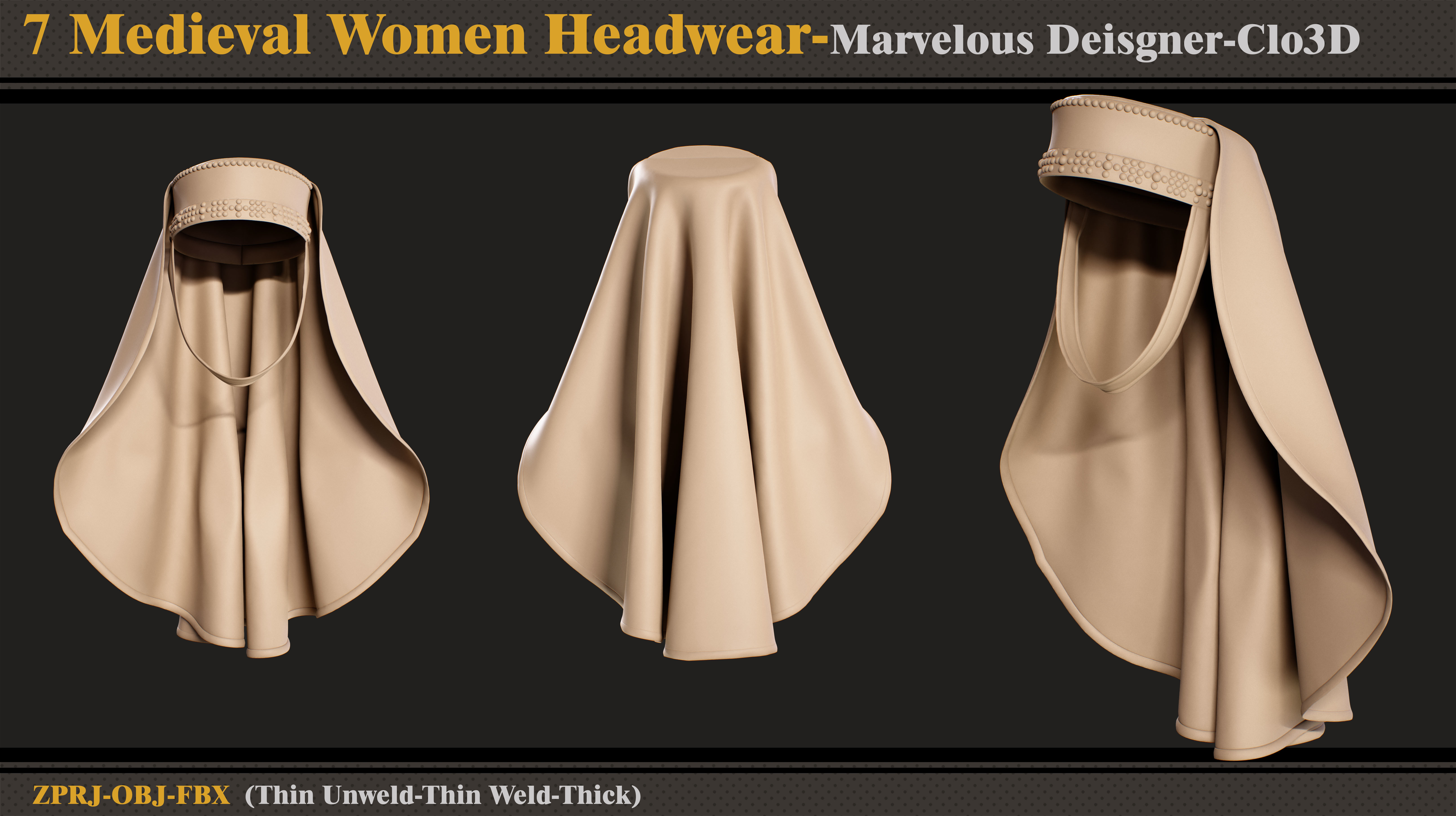 7 Medieval Women Headwear-MD-Clo3D-ZPRJ- FBX - OBJ 3D model | CGTrader