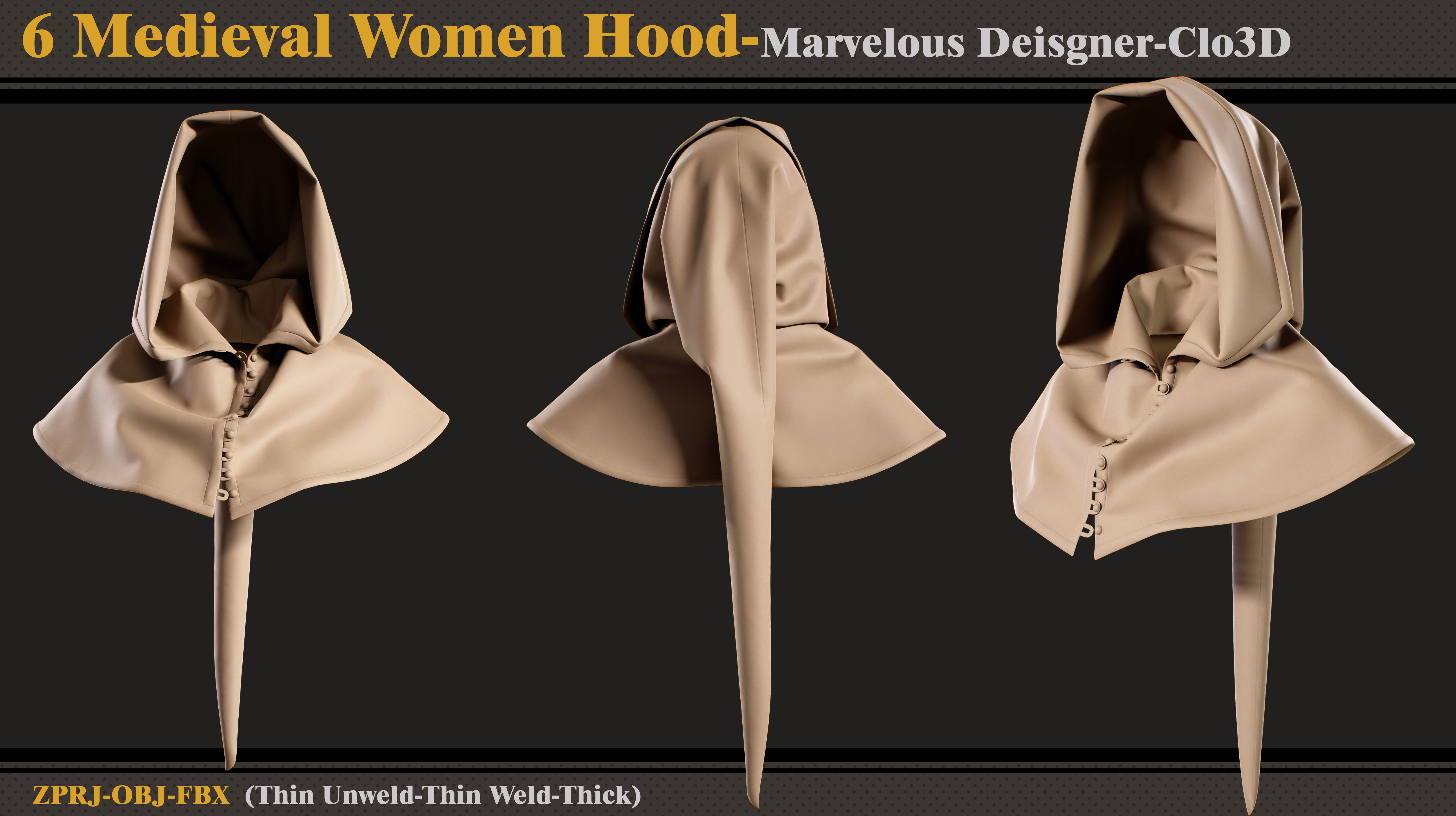 6 Medieval Women Hoods-MD-Clo3D -ZPRJ - FBX -OBJ 3D model | CGTrader