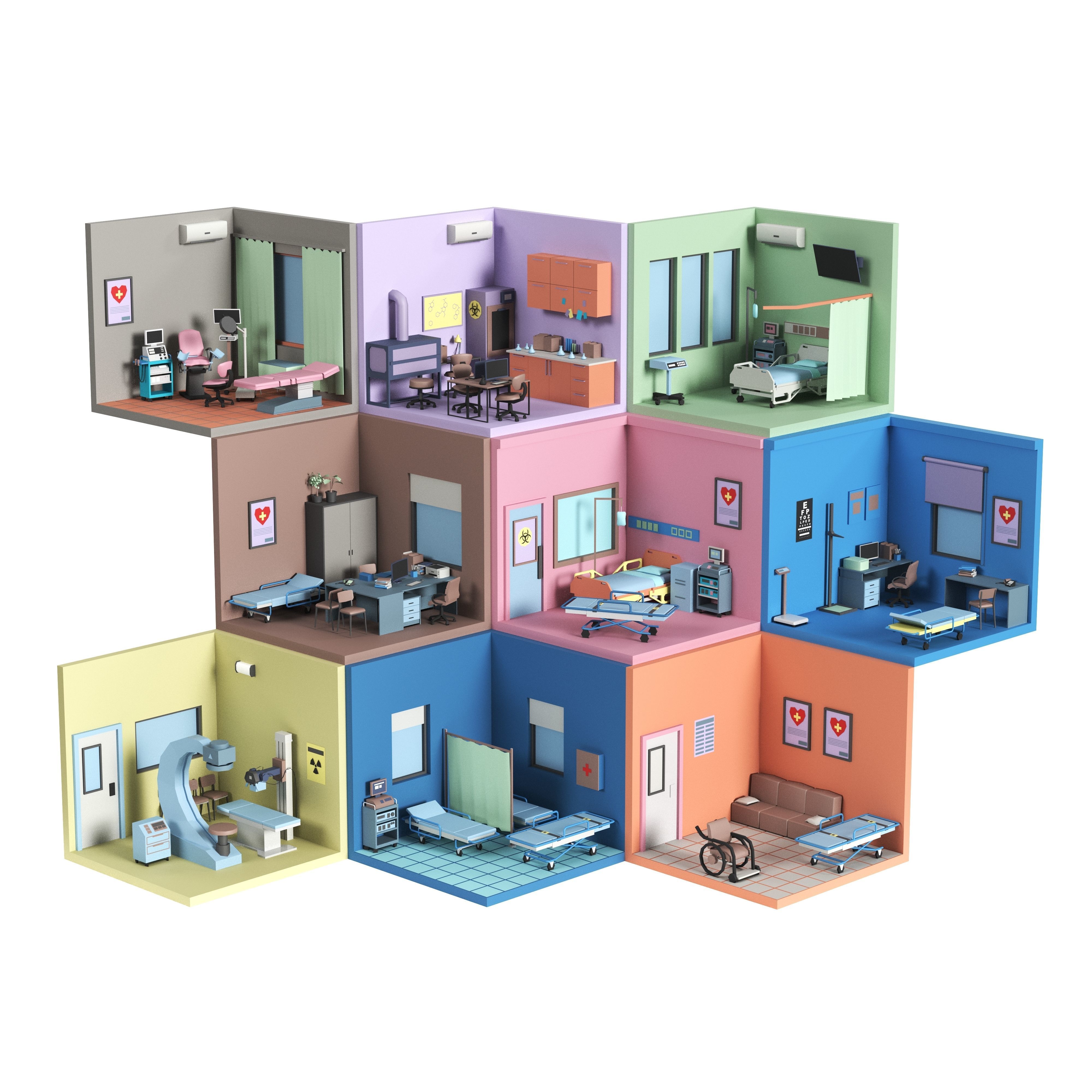 3D model Low Poly Hospital Rooms - Collection of 9 VR / AR / low-poly ...